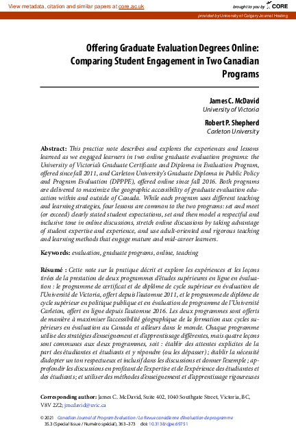 (PDF) Offering Graduate Evaluation Degrees Online: Comparing Student ...