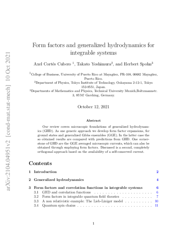 (PDF) Form factors and generalized hydrodynamics for integrable systems