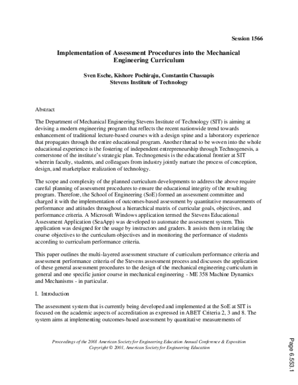 (PDF) Implementation Of Assessment Procedures Into The Mechanical ...