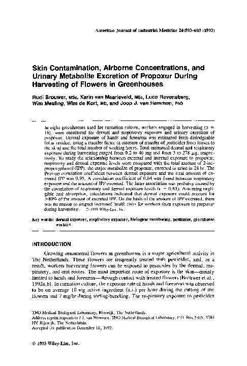 (PDF) Skin contamination, airborne concentrations, and urinary ...