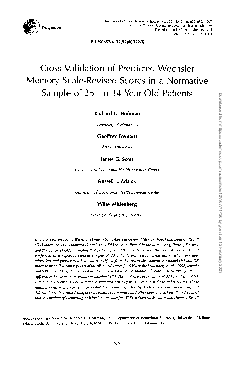(PDF) Cross-Validation of Predicted Wechsler Memory Scale-Revised ...