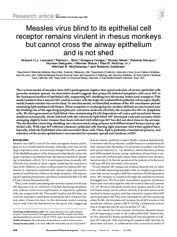 (PDF) Measles virus blind to its epithelial cell receptor remains ...