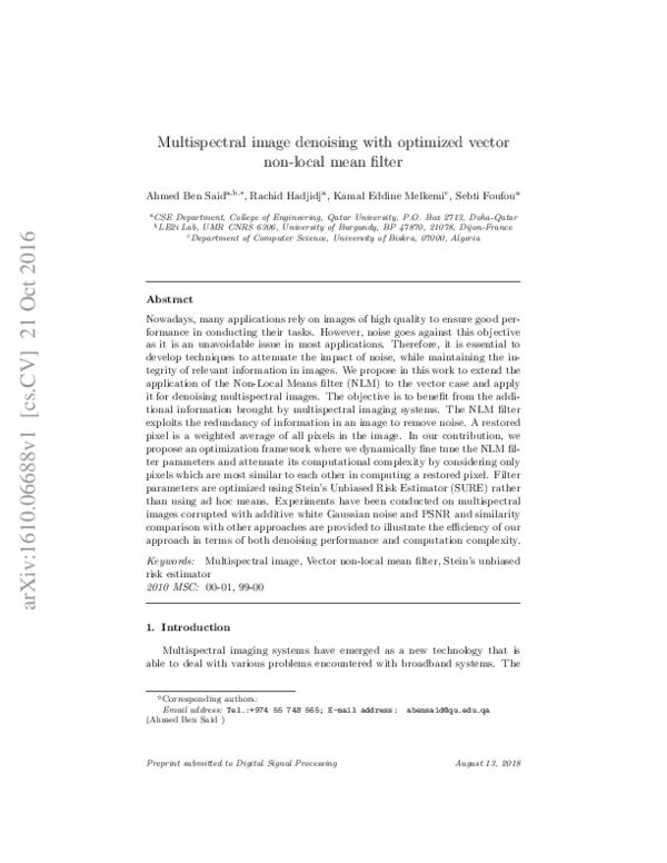 Pdf Multispectral Image Denoising With Optimized Vector Non Local