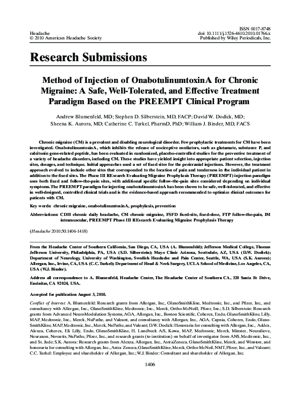 (PDF) OnabotulinumtoxinA for chronic migraine: PREEMPT trials establish ...