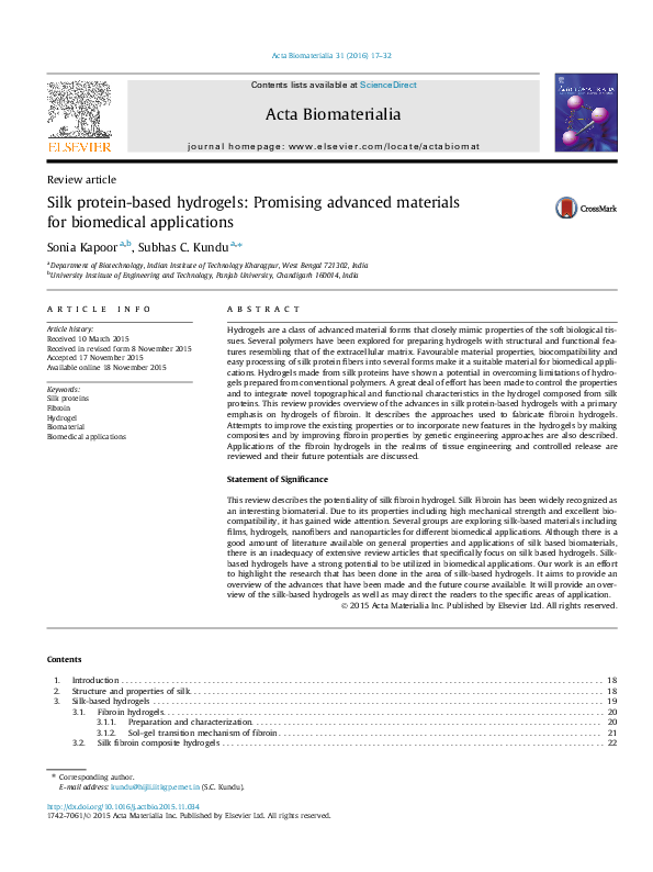 (PDF) Silk protein-based hydrogels: Promising advanced materials for ...