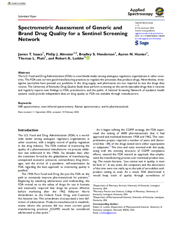 (PDF) Spectrometric Assessment of Generic and Brand Drug Quality for a ...
