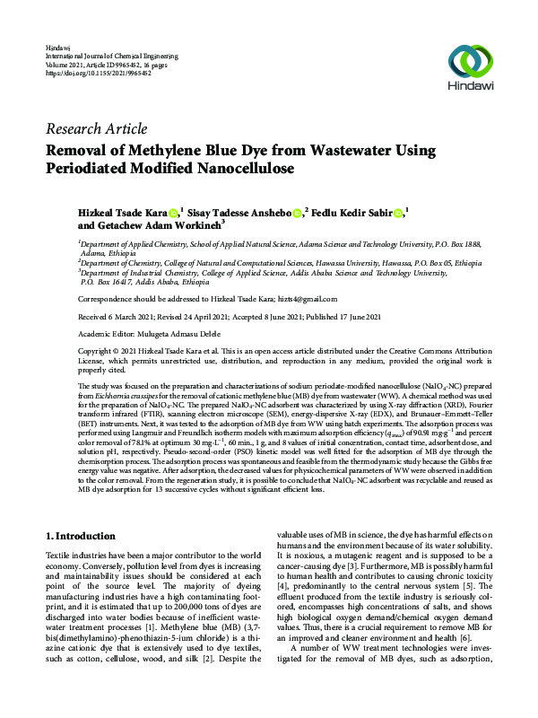(PDF) Removal of Methylene Blue Dye from Wastewater Using Periodiated Modified Nanocellulose ...