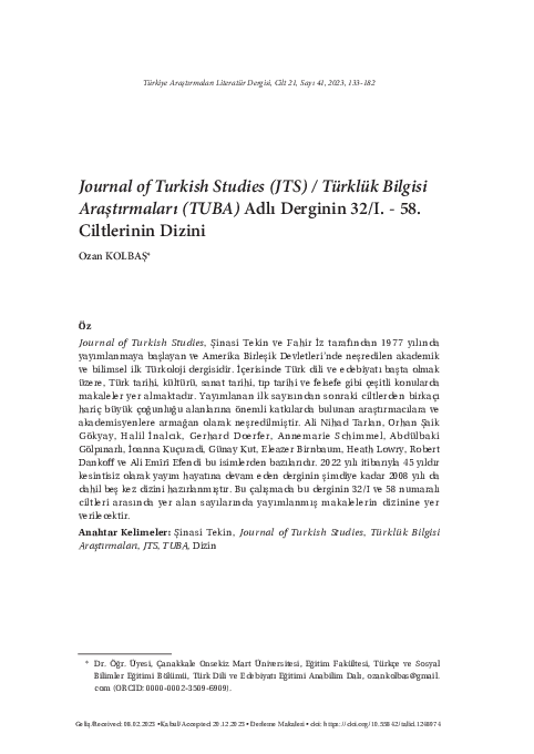 (PDF) Journal of Turkish Studies (JTS) / Türklük Bilgisi Araştırmaları (TUBA) Adlı Derginin 32/I ...