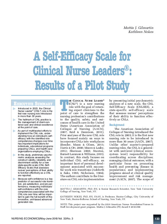 (PDF) A Self-Efficacy Scale for Clinical Nurse Leaders: Results of a Pilot Study