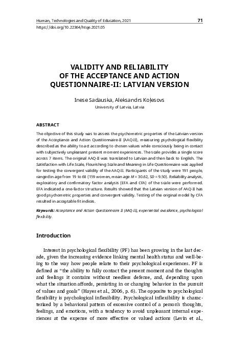 (PDF) Validity and Reliability of the Acceptance and Action Questionnaire-II: Latvian Version
