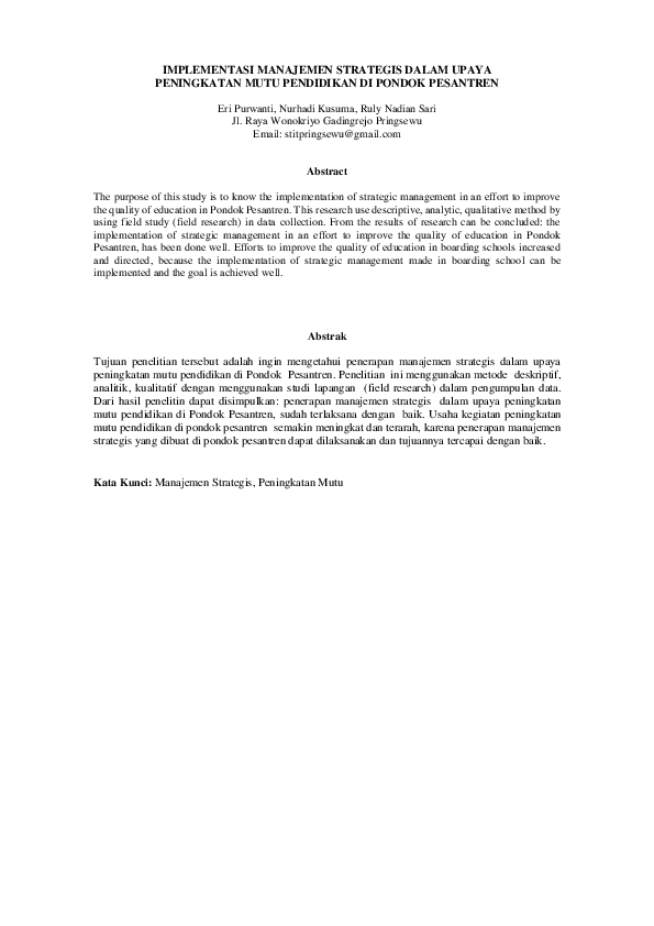 (PDF) Implementasi Manajemen Strategis Dalam Upaya Peningkatan Mutu Pendidikan DI Pondok Pesantren