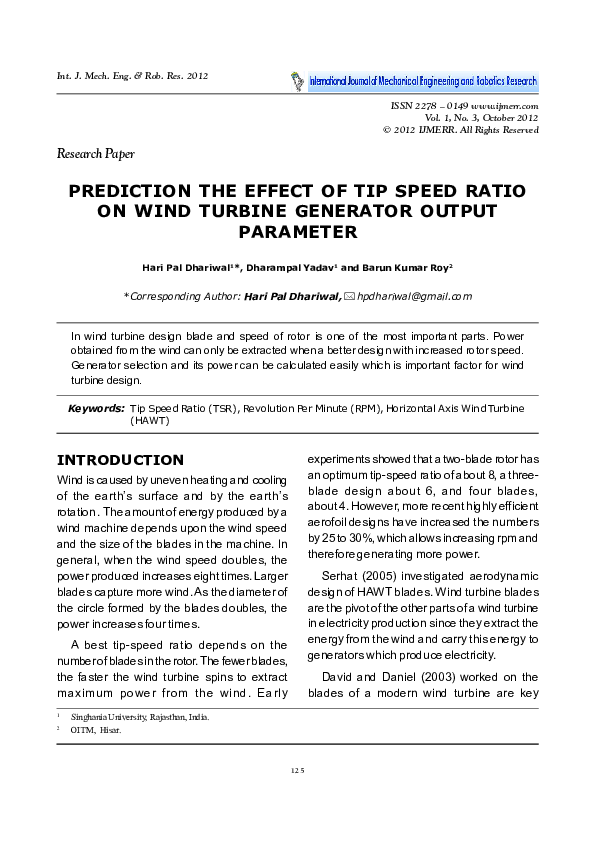Pdf Prediction The Effect Of Tip Speed Ratio On Wind Turbine Generator Output Parameter