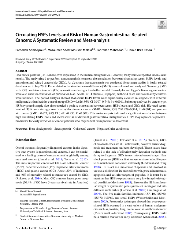 (PDF) Circulating HSPs Levels and Risk of Human Gastrointestinal ...