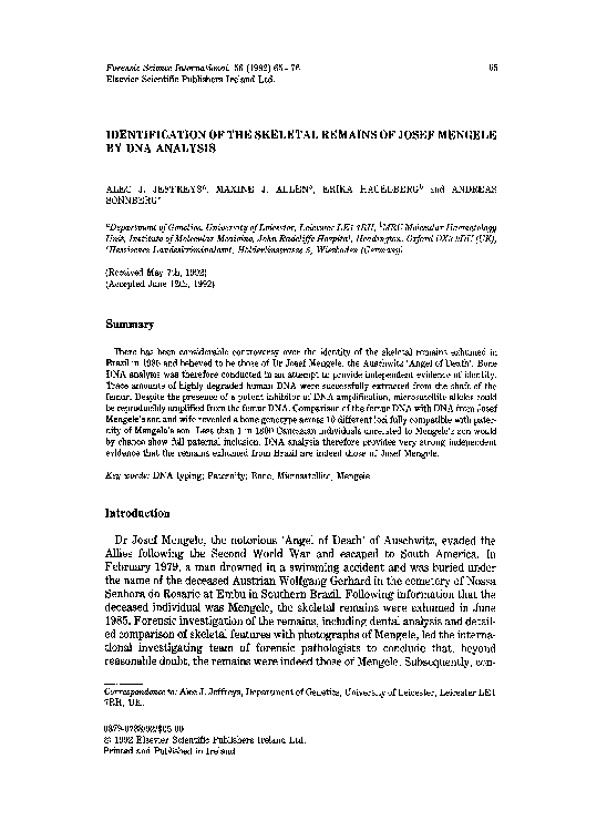 (PDF) Identification of the skeletal remains of josef mengele by DNA ...