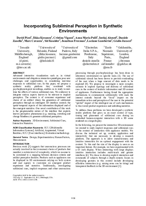 (PDF) Incorporating subliminal perception in synthetic environments