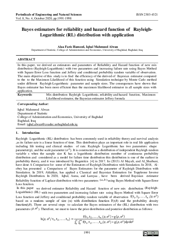 (PDF) Bayes estimators for reliability and hazard function of Rayleigh-Logarithmic (RL ...