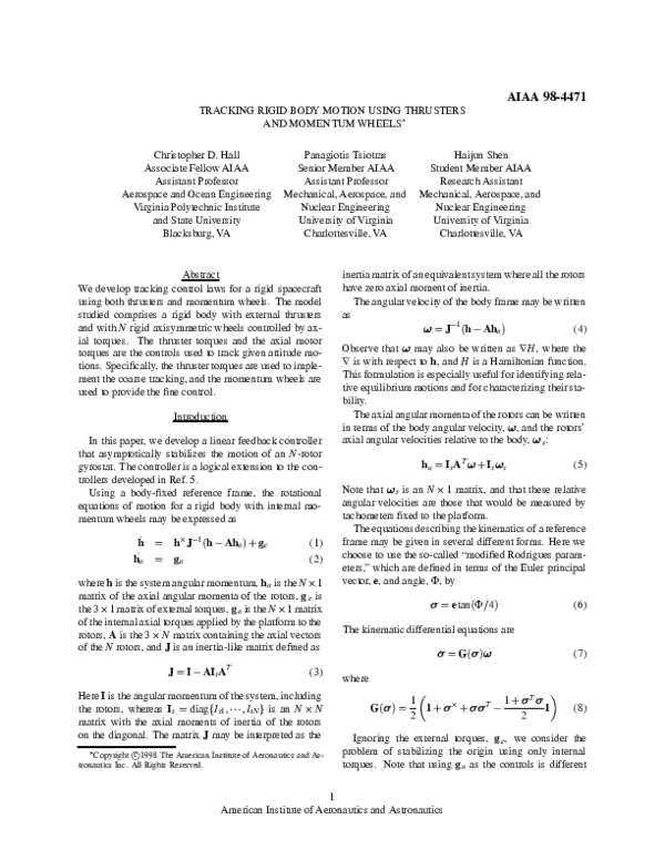 Pdf Tracking Rigid Body Motion Using Thrusters And Momentum Wheels Panagiotis Tsiotras