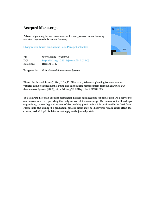 Pdf Advanced Planning For Autonomous Vehicles Using Reinforcement Learning And Deep Inverse