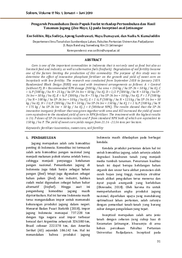 (PDF) Pengaruh Penambahan Dosis Pupuk Fosfat terhadap Pertumbuhan dan Hasil Tanaman Jagung (Zea ...