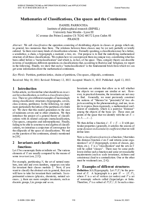 (PDF) Mathematics of Classifications, Chu spaces and the Continuum