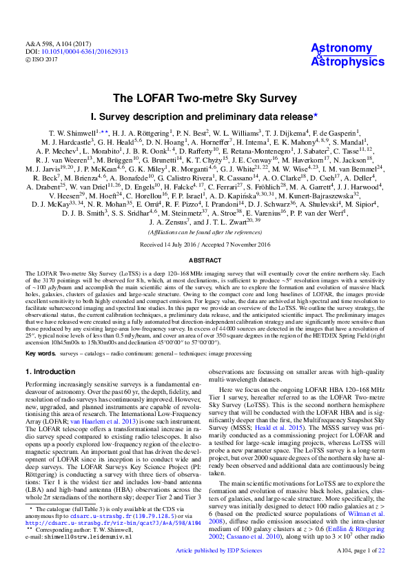 (PDF) Overview of the LOFAR Two-metre Sky Survey (LoTSS)