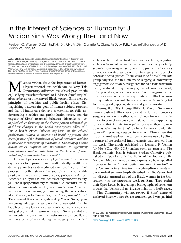 (PDF) In the Interest of Science or Humanity: J. Marion Sims Was Wrong ...