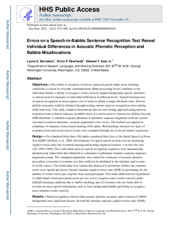 (PDF) Errors on a Speech-in-Babble Sentence Recognition Test Reveal ...
