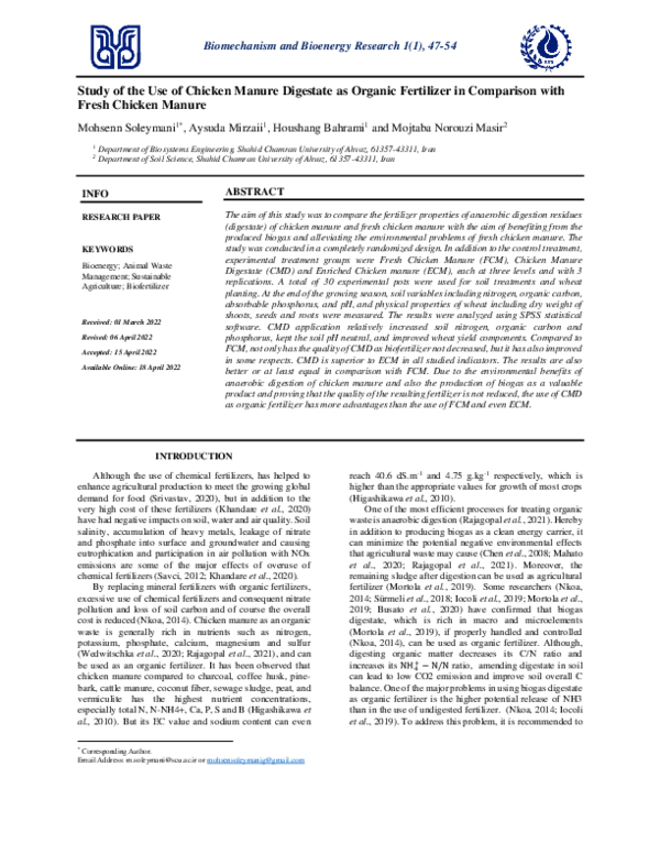 (PDF) Using Biogas Derived Digestate of Chicken Manure for Wheat Crop ...