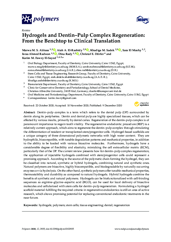 (PDF) Hydrogels and Dentin–Pulp Complex Regeneration: From the Benchtop to Clinical Translation