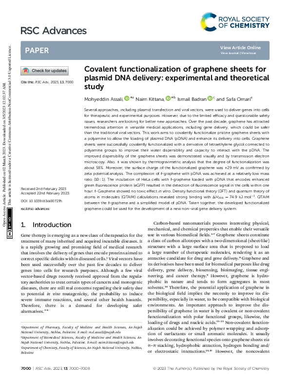 (PDF) Covalent functionalization of graphene sheets for plasmid DNA delivery: experimental and ...