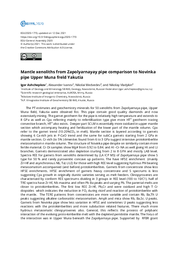(PDF) Mantle xenoliths from Zapolyarnayay pipe comparison to Novinka ...