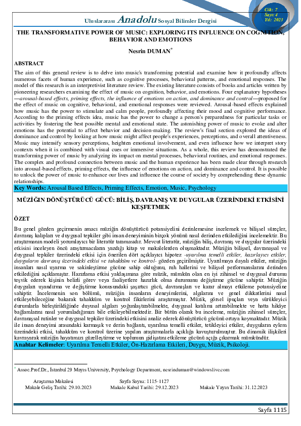(PDF) THE TRANSFORMATIVE POWER OF MUSIC: EXPLORING ITS INFLUENCE ON COGNITION, BEHAVIOR AND EMOTIONS