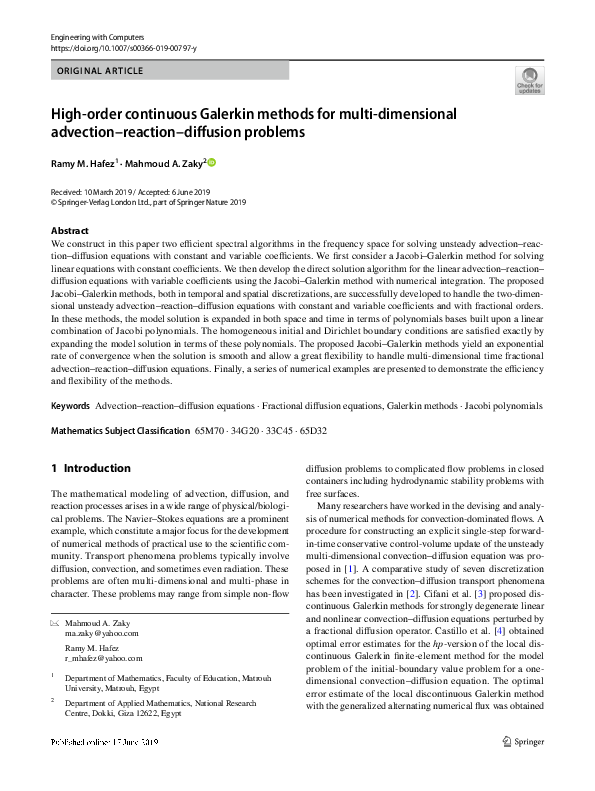 (PDF) High-order continuous Galerkin methods for multi-dimensional advection–reaction–diffusion ...