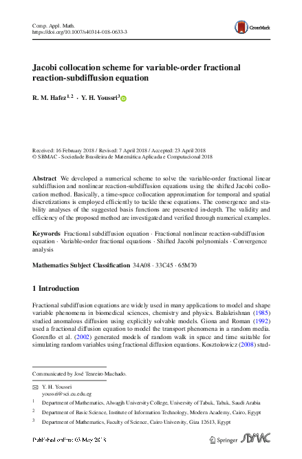 Pdf Jacobi Collocation Scheme For Variable Order Fractional Reaction Subdiffusion Equation 1802