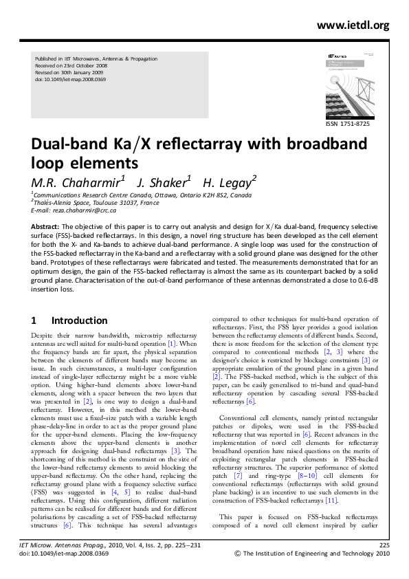(PDF) Dual-band Ka/X reflectarray with broadband loop elements
