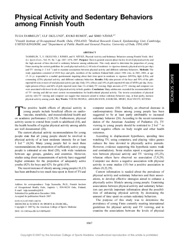 (PDF) Physical Activity and Sedentary Behaviors among Finnish Youth