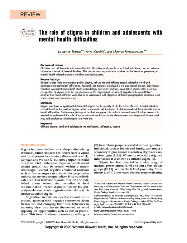 (PDF) The role of stigma in children and adolescents with mental health ...