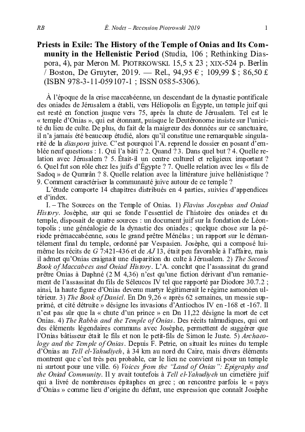 (DOC) Priests in Exile: The History of the Temple of Onias and Its ...