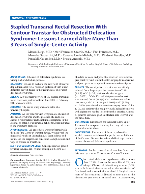 (PDF) Stapled Transanal Rectal Resection With Contour Transtar for ...