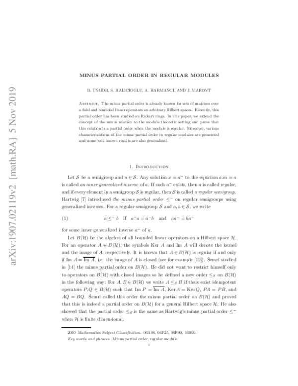 (PDF) Minus Partial Order in Regular Modules
