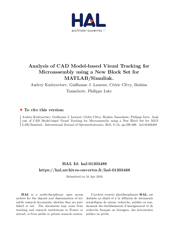 Pdf Analysis Of Cad Model Based Visual Tracking For Microassembly Using A New Block Set For