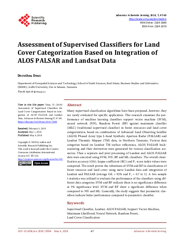 (PDF) Assessment of Supervised Classifiers for Land Cover Categorization Based on Integration of ...