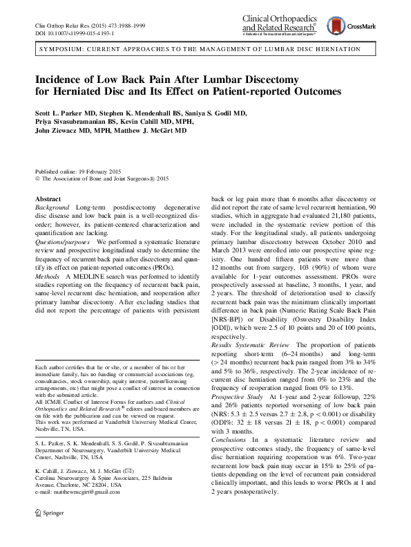 (PDF) Incidence of Low Back Pain After Lumbar Discectomy for Herniated ...