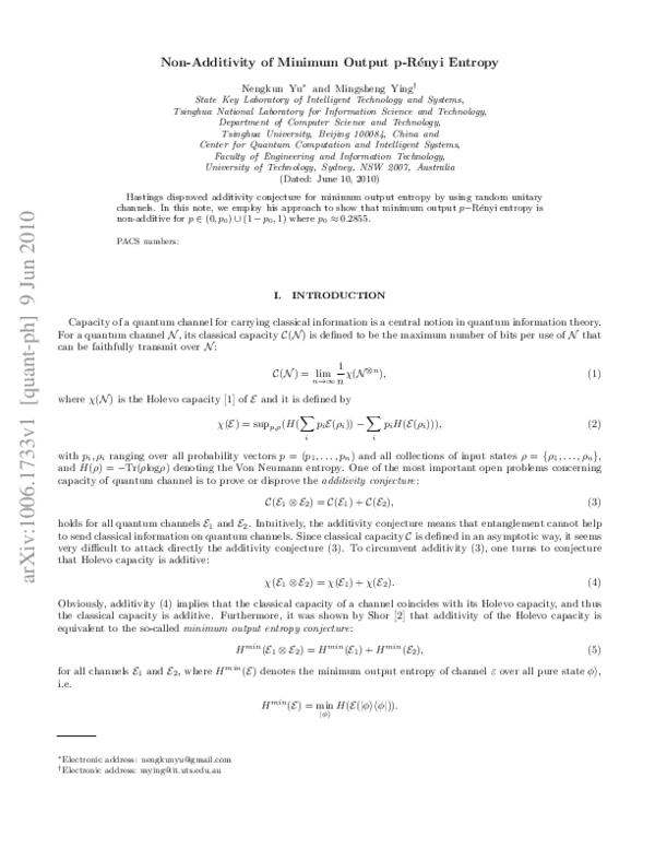 (PDF) Non-Additivity of Minimum Output p-Rényi Entropy