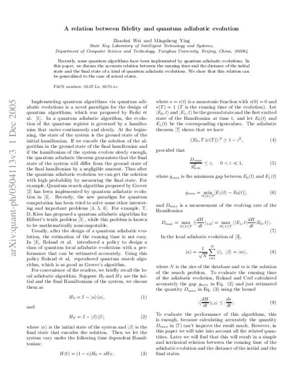 Pdf A Relation Between Fidelity And Quantum Adiabatic Evolution Mingsheng Ying