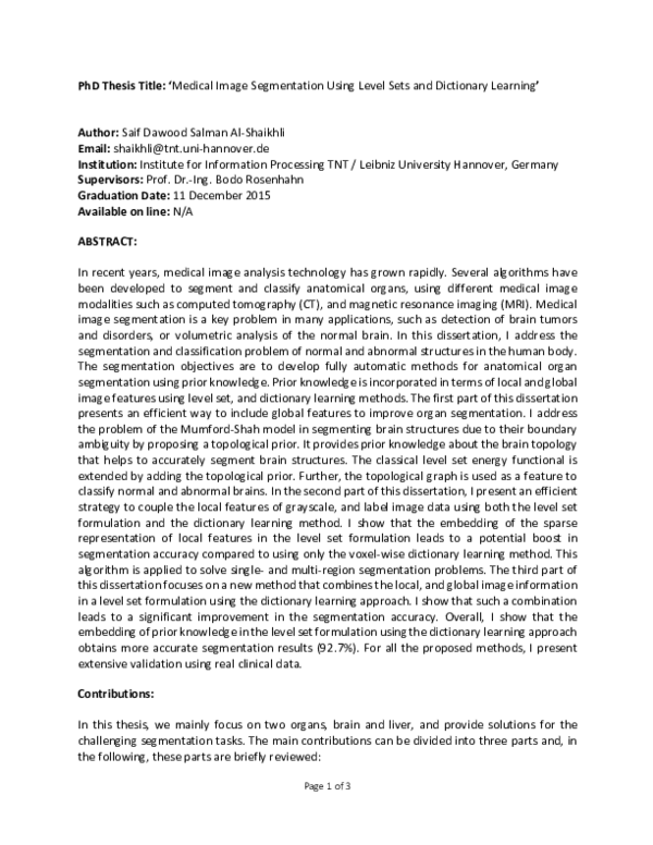 Pdf Medical Image Segmentation Using Level Sets And Dictionary Learning