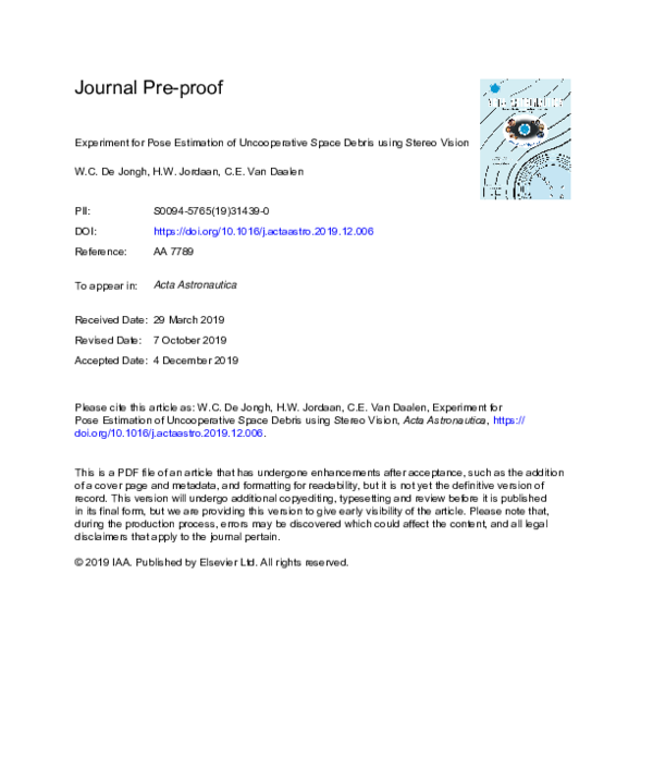 Pdf Experiment For Pose Estimation Of Uncooperative Space Debris