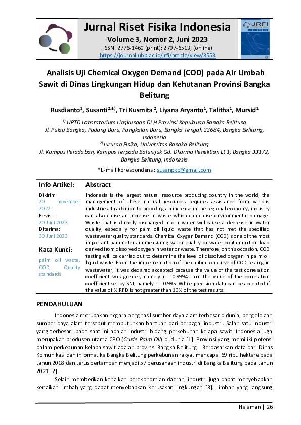 (PDF) Pengujian COD Analisis Uji Chemical Oxygen Demand (COD) pada Air Limbah Sawit di Dinas ...