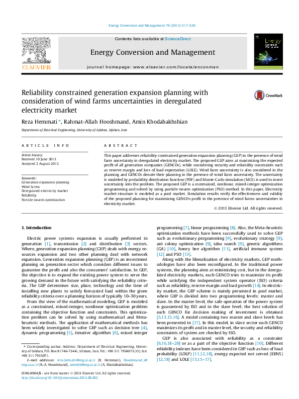 Pdf Reliability Constrained Generation Expansion Planning By A Modified Shuffled Frog Leaping 1444