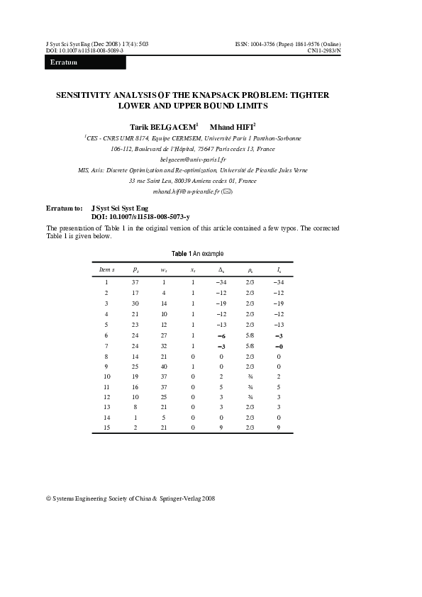 (PDF) Sensitivity analysis of the knapsack problem: Tighter lower and upper bound limits | Tarik ...